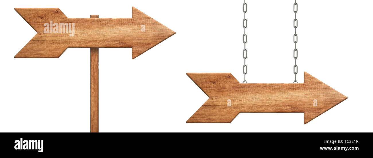 Wooden arrow shape signpost made of natural wood hanging on chains and ...