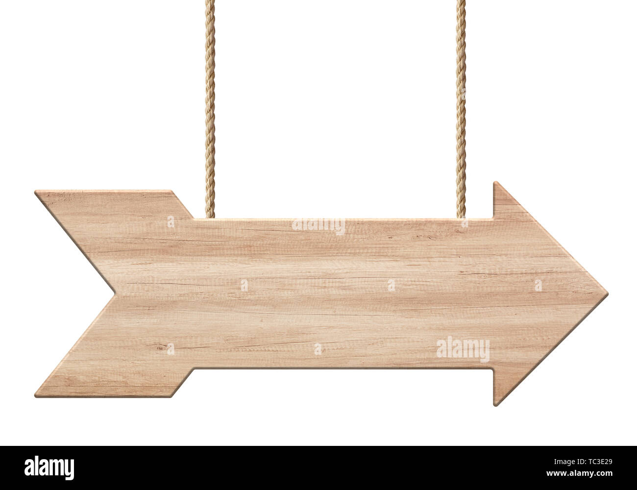 Wooden arrow shape signpost or signboard made of bright wood hanging on ...