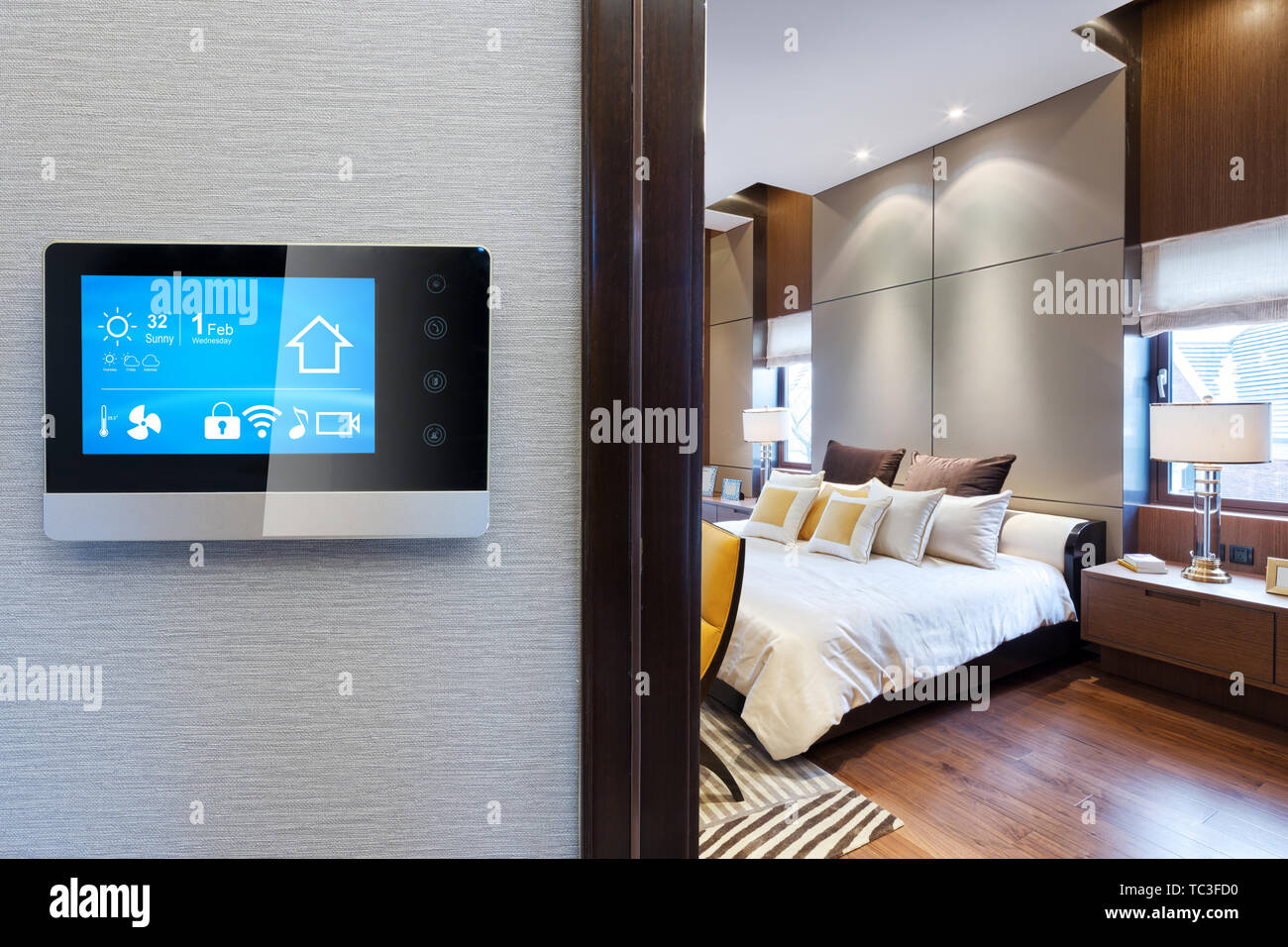 smart screen with smart home with modern bedroom Stock Photo - Alamy
