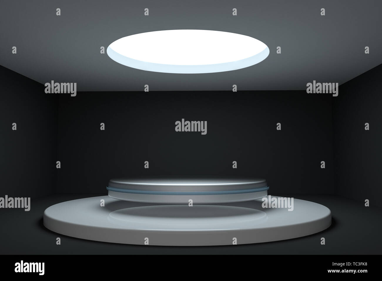 Three-dimensional rendering, circular booth indoors, product display ...