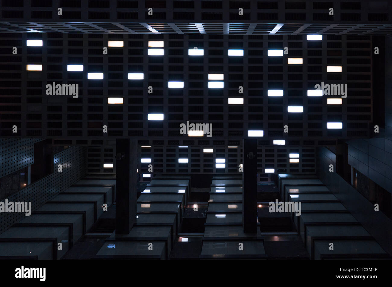 Dark environment with lights on the roof, sci-fi background Stock Photo ...