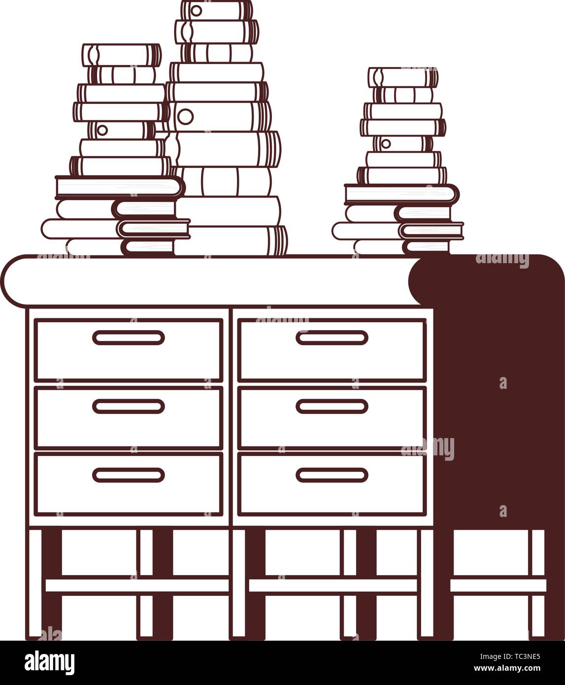 silhouette of desk with stack of books on white background Stock Vector ...