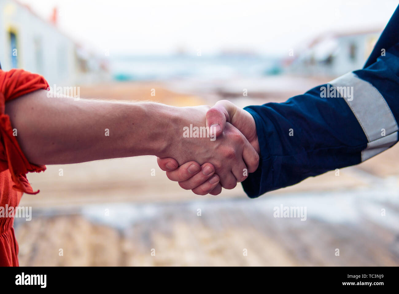 marine contractor businessman handshaking with worker on the ship Stock ...