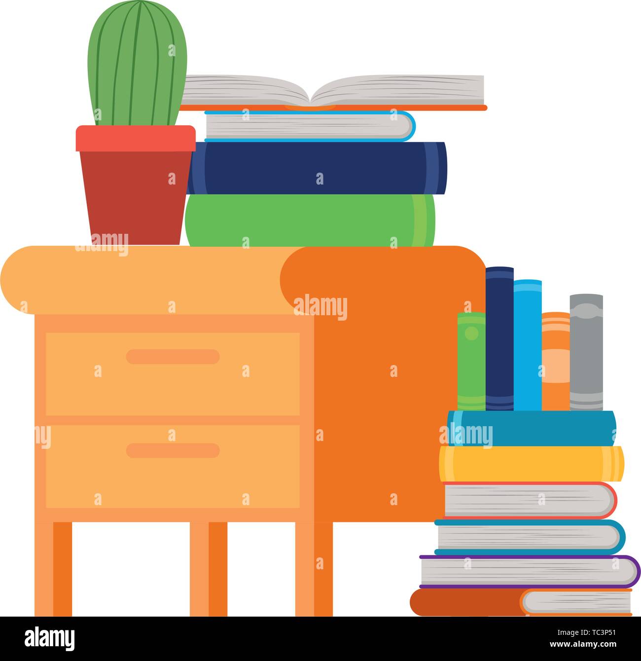 wooden drawer with stack of books in white background Stock Vector ...