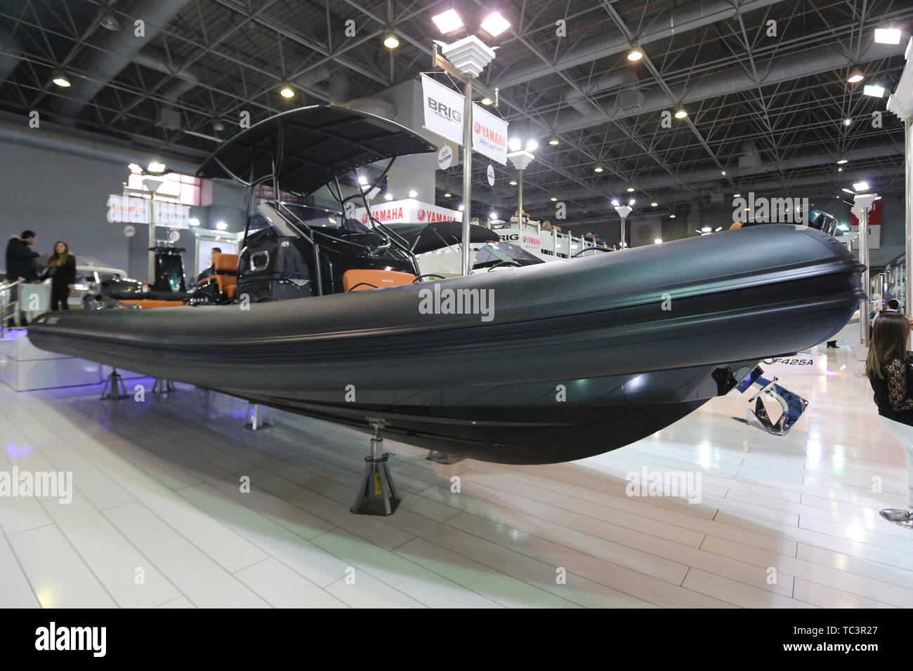 ISTANBUL, TURKEY - FEBRUARY 23, 2019: Inflatable boat displays in CNR ...