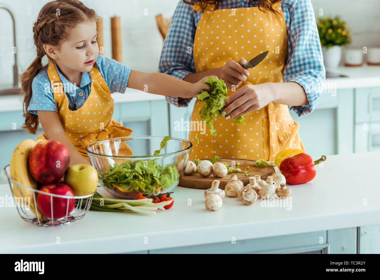 mother in polka dot yellow apron giving daughter sliced lettuce Stock ...