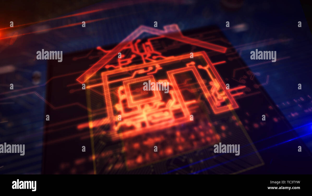 Smart home controlling concept with house hologram over cpu in ...