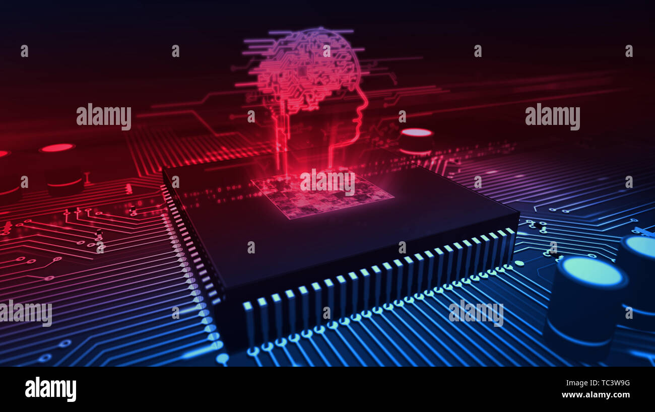 Artificial intelligence with cybernetic brain hologram over working processor in background ...