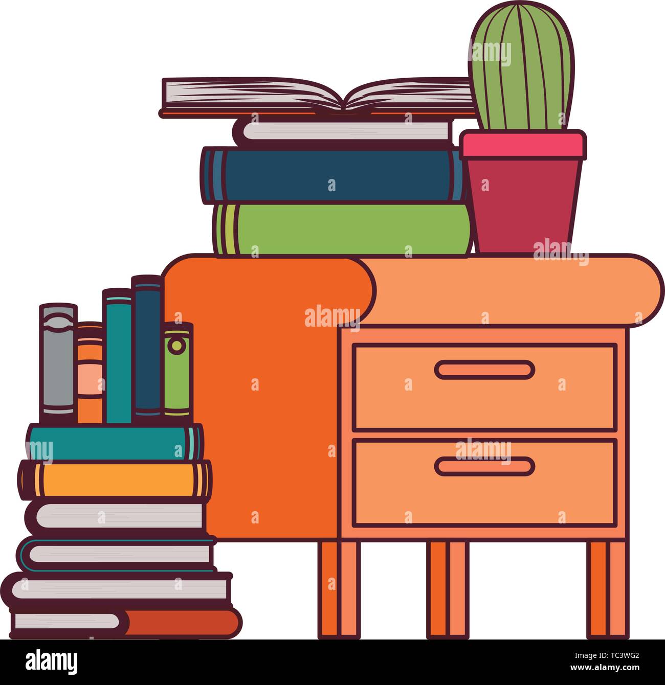 wooden drawer with stack of books in white background Stock Vector ...