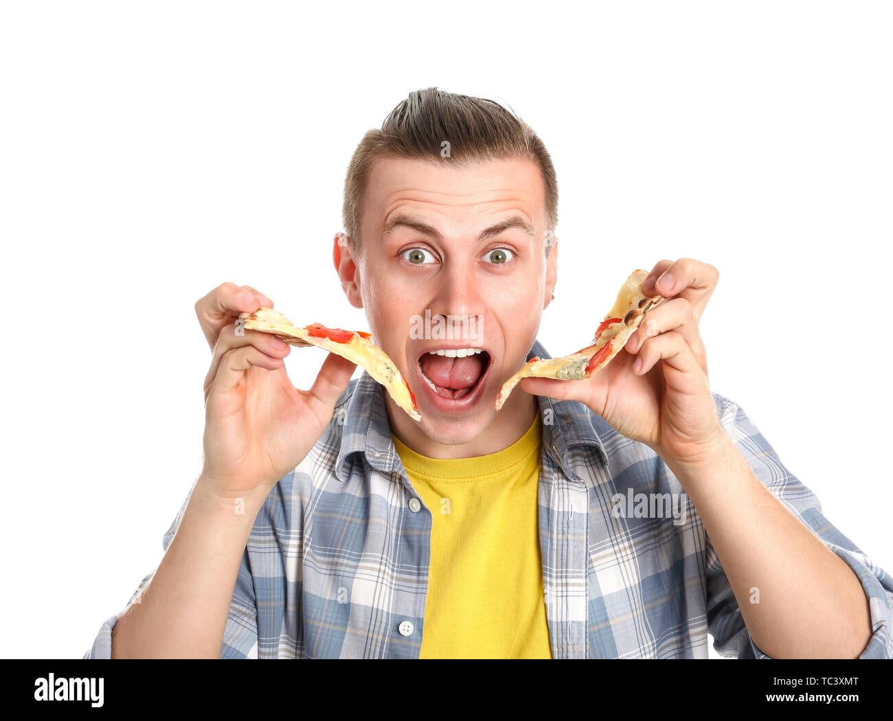 Man eating pizza on white hi-res stock photography and images - Alamy