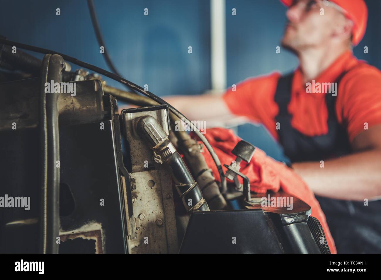 Construction Equipment Mechanic Repair Medium Side Bulldozer. Closeup ...