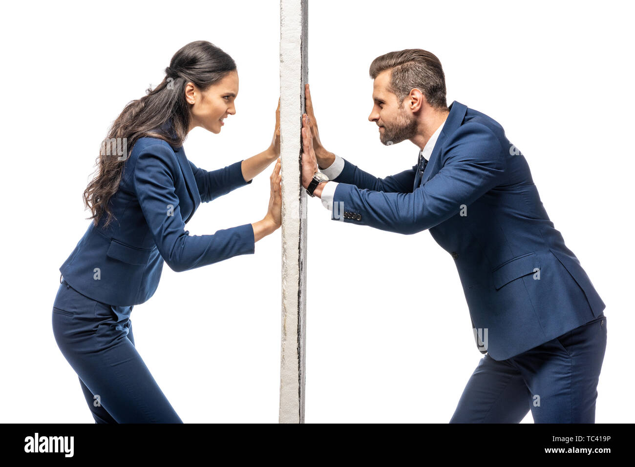 angry businessman and businesswoman pushing wall isolated on white ...