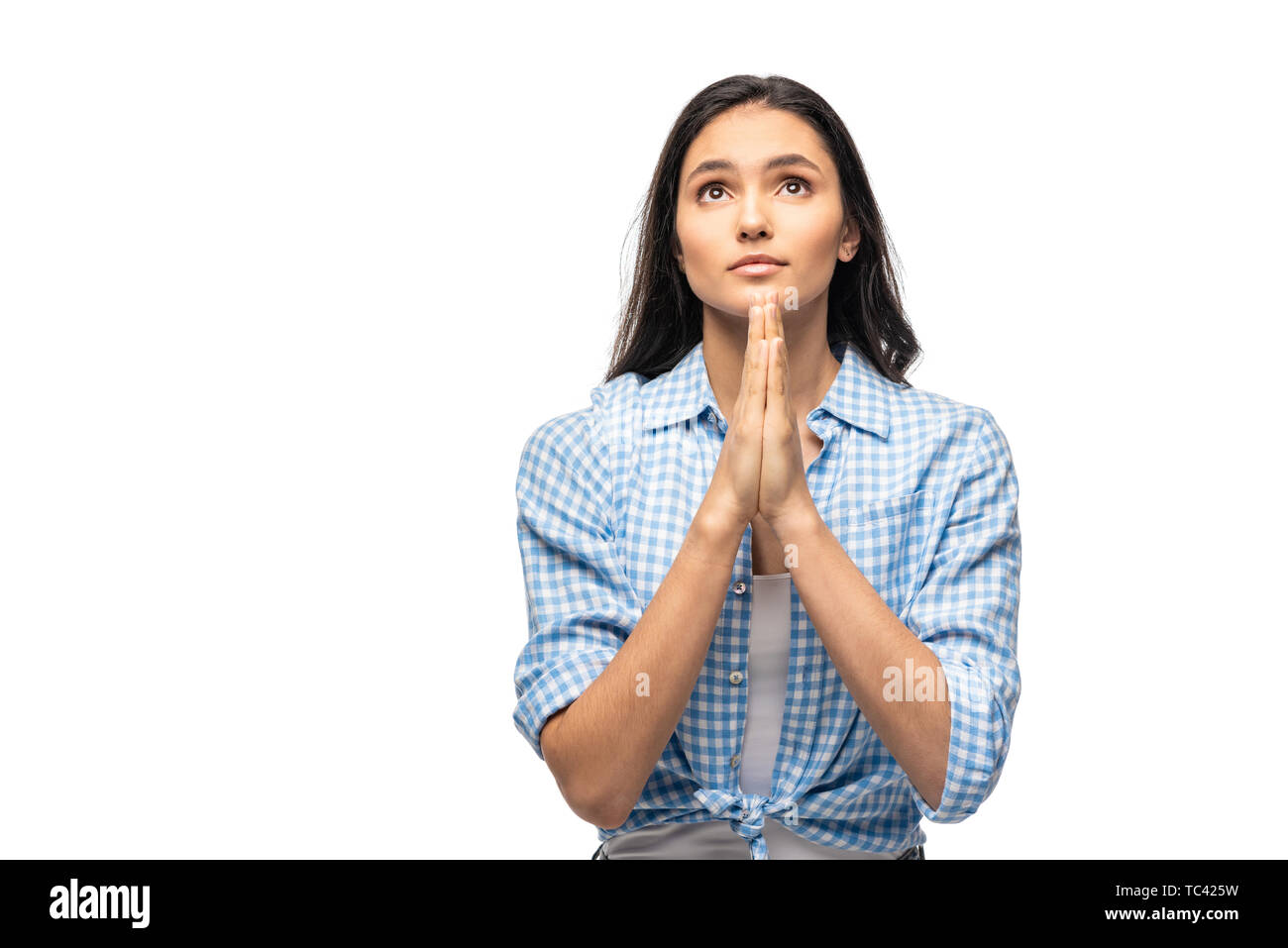 beautiful girl doing please gesture Isolated On White with copy space ...