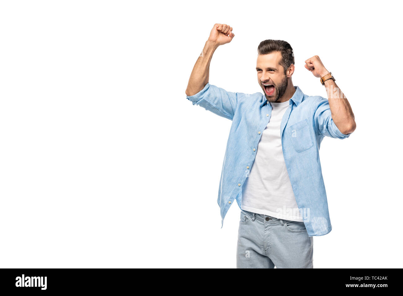 excited man cheering with clenched fists Isolated On White Stock Photo ...