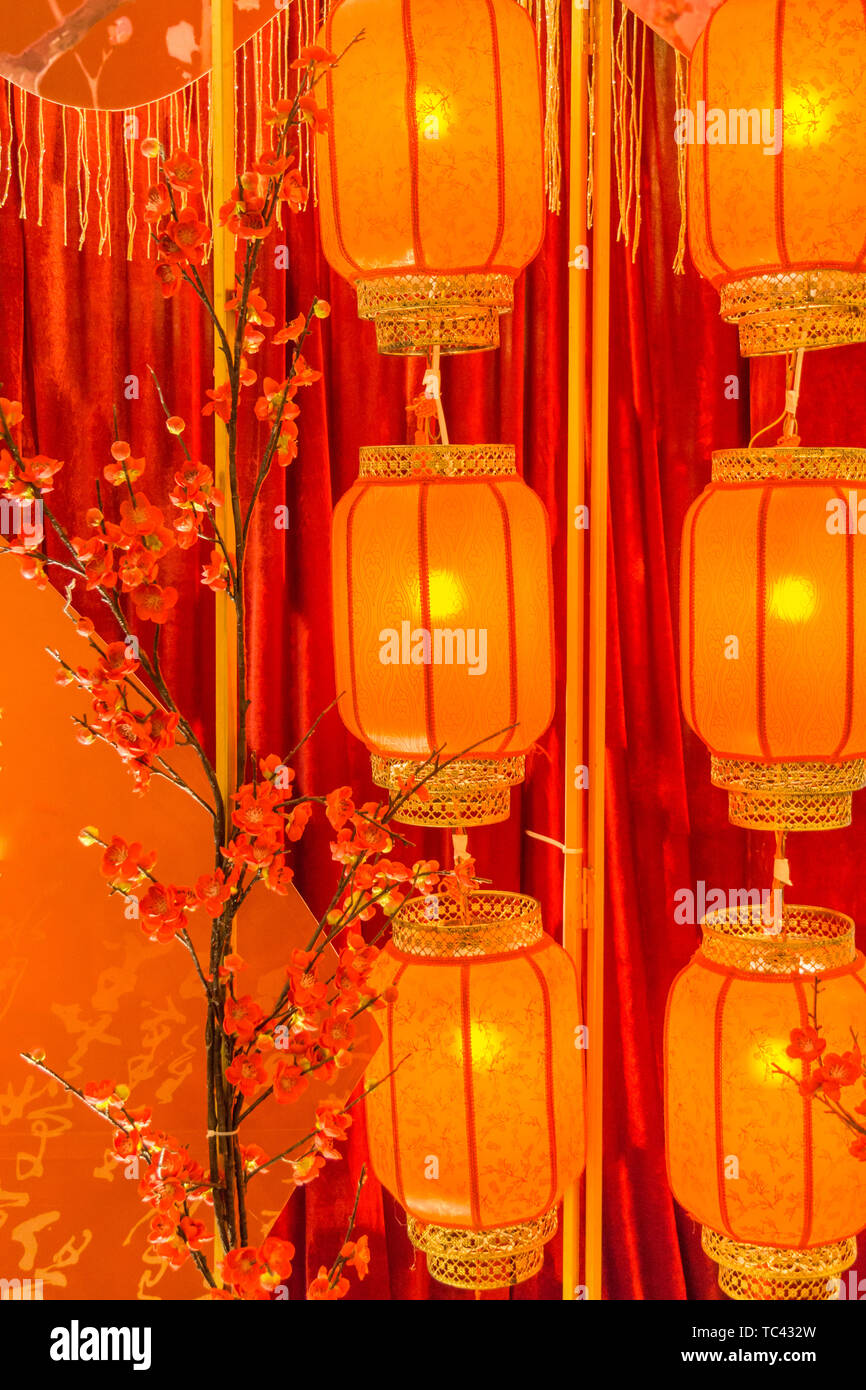 Classical interior decoration palace lamp paper fan screen close-up in ...