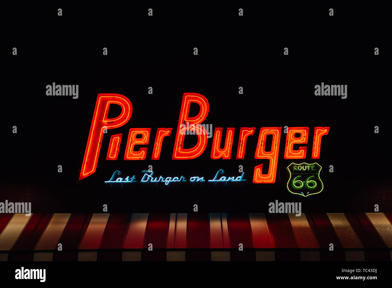Pier Burger neon sign at night, on the Santa Monica Pier in Los Angeles ...