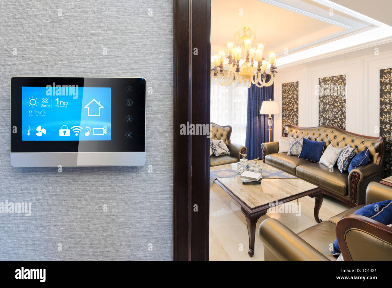 smart screen with smart home with modern living room Stock Photo - Alamy