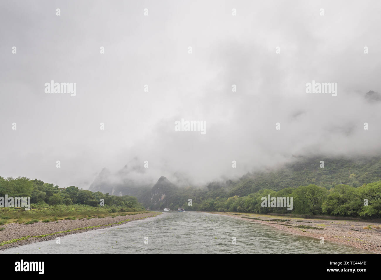 Landscape of the Li River in Guilin, China in the smoke and rain Stock ...