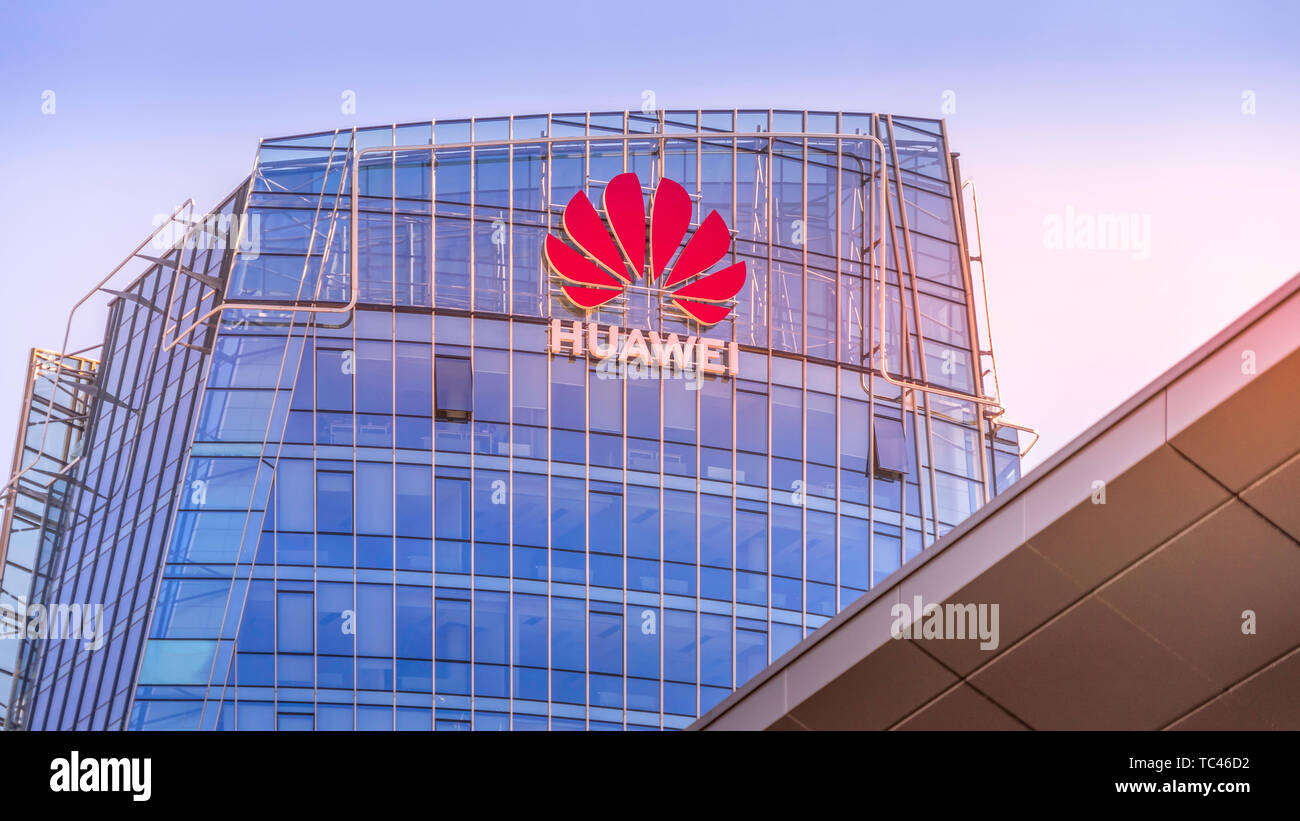 Vilnius, Lithuania - June 03, 2019: Huawei logo on modern building wall ...