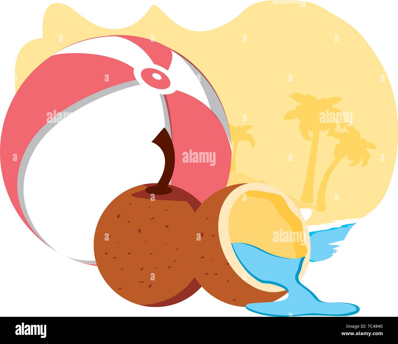 fresh coconut with half fruit in the beach and ball vector illustration ...