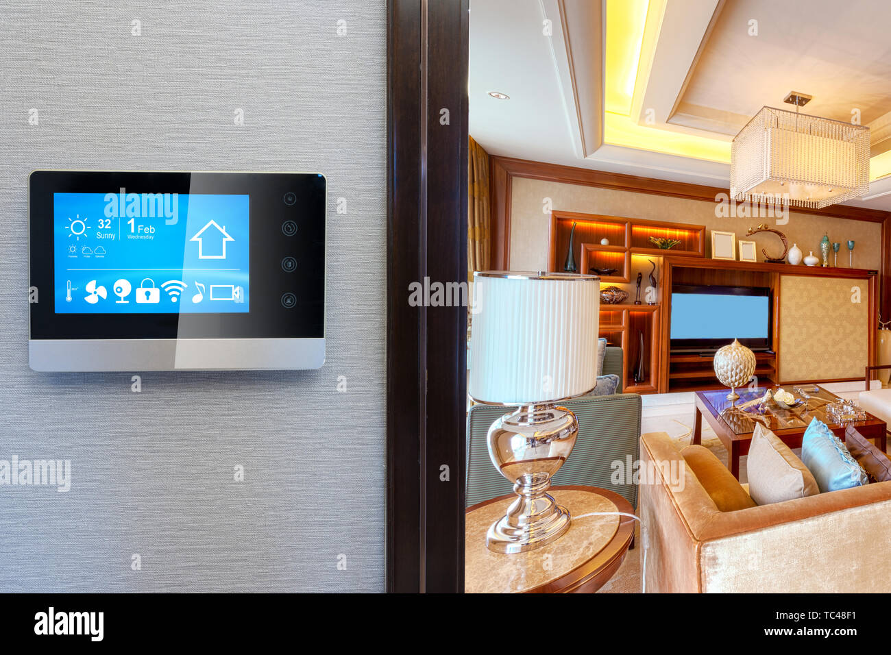 smart screen with smart home with modern living room Stock Photo - Alamy