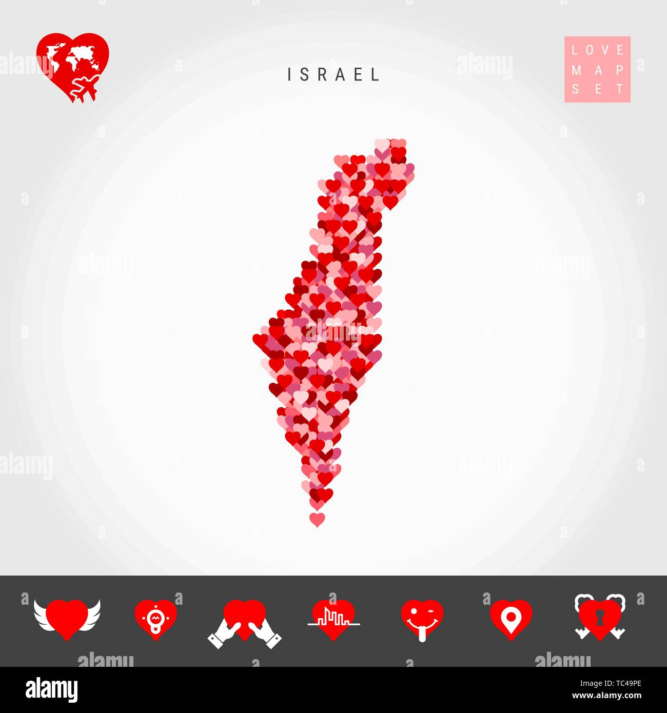 I Love Israel. Red and Pink Hearts Pattern Vector Map of Israel ...
