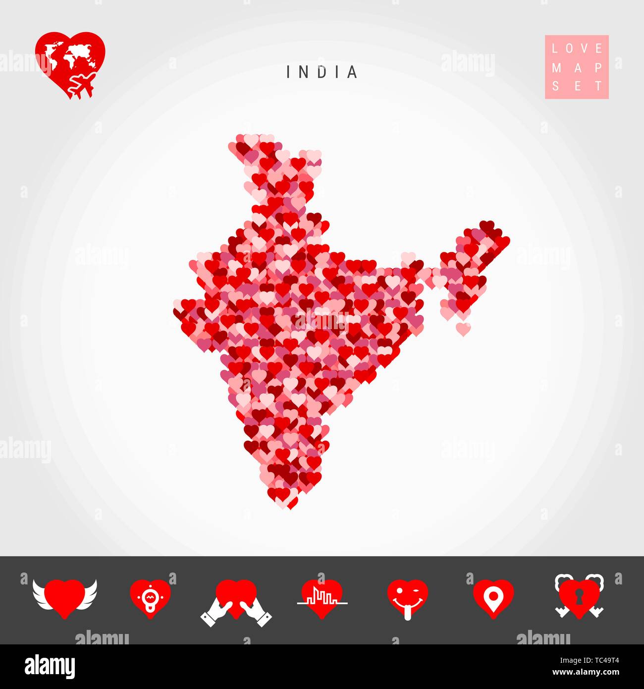 I Love India. Red and Pink Hearts Pattern Vector Map of India Isolated ...