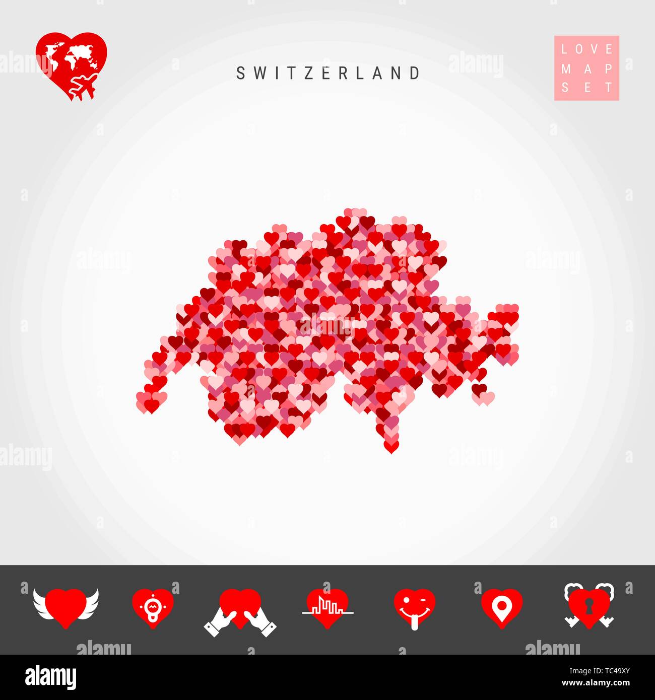 I Love Switzerland. Red and Pink Hearts Pattern Vector Map of ...