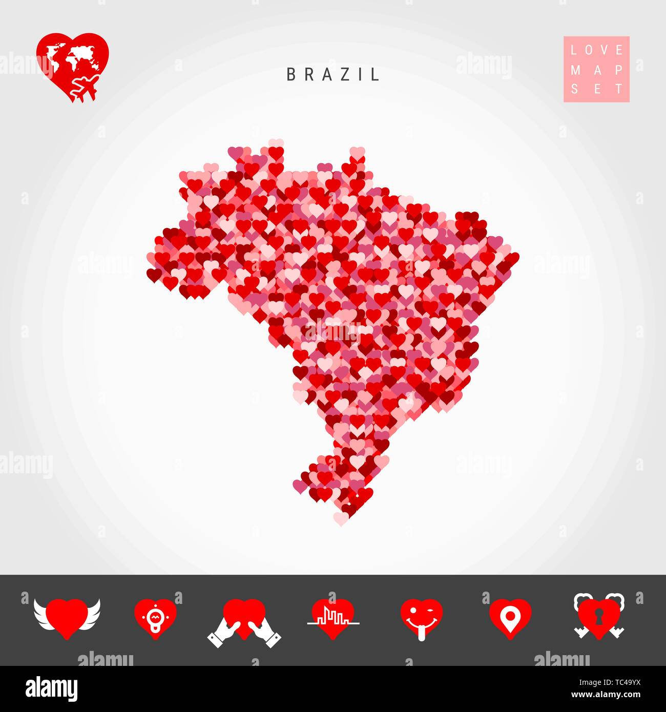 I Love Brazil. Red and Pink Hearts Pattern Vector Map of Brazil ...