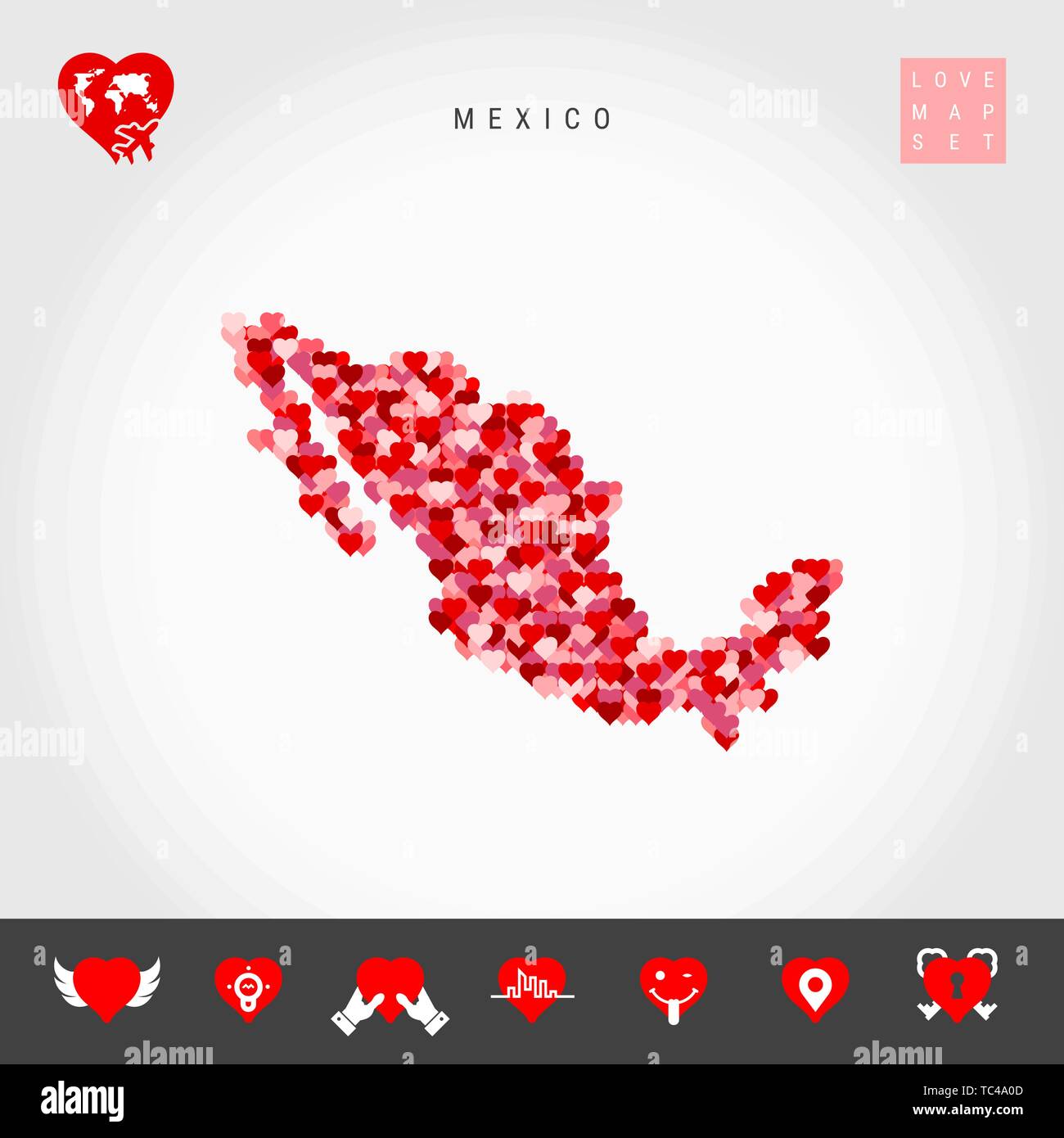 I Love Mexico. Red and Pink Hearts Pattern Vector Map of Mexico ...