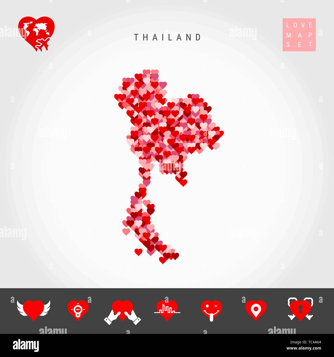I Love Thailand. Red and Pink Hearts Pattern Vector Map of Thailand ...