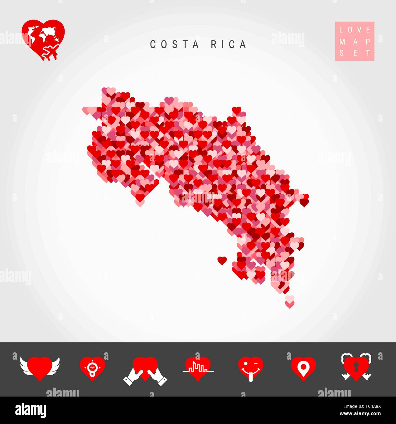 I Love Costa Rica. Red and Pink Hearts Pattern Vector Map of Costa Rica ...