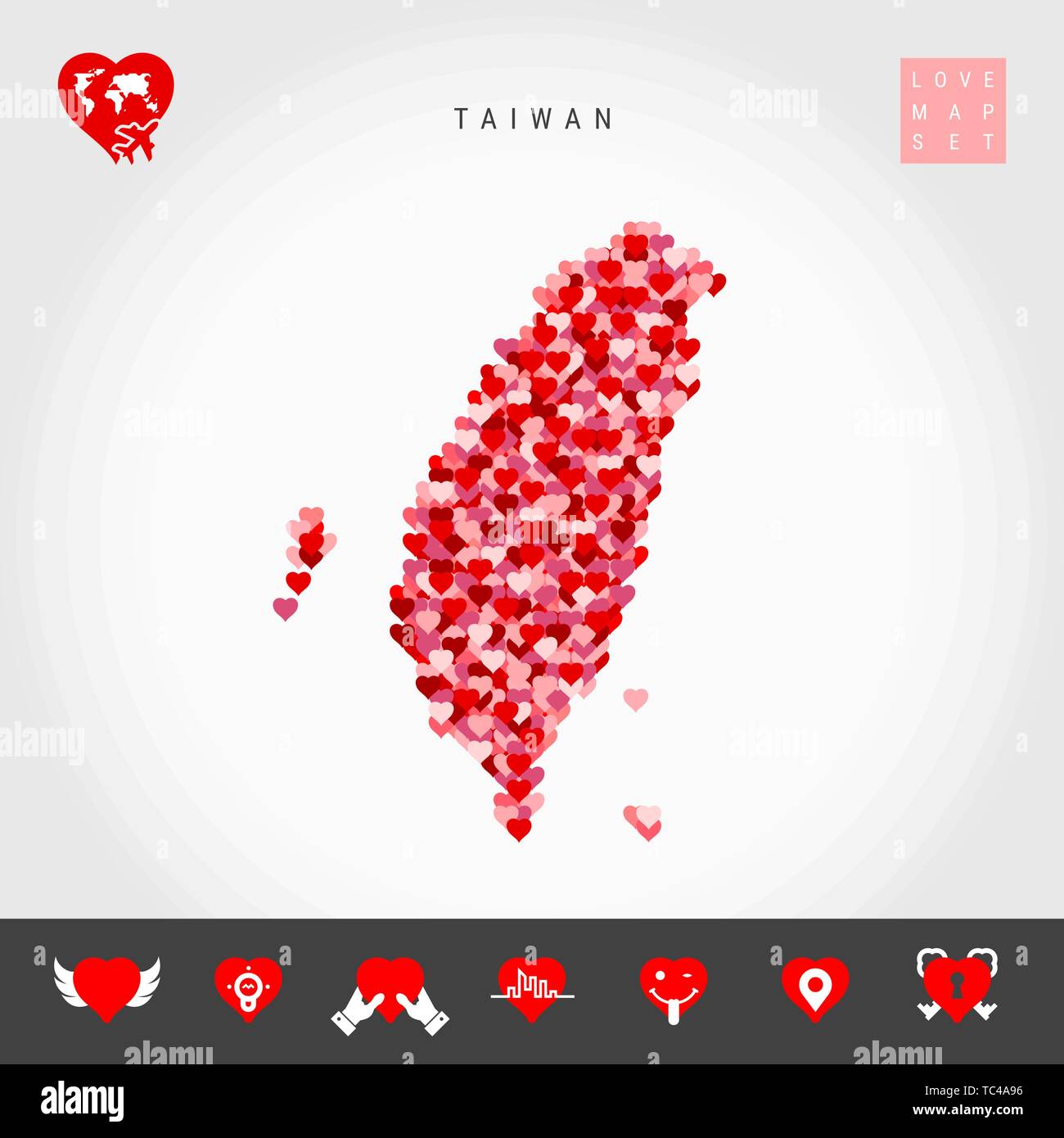 I Love Taiwan. Red and Pink Hearts Pattern Vector Map of Taiwan ...
