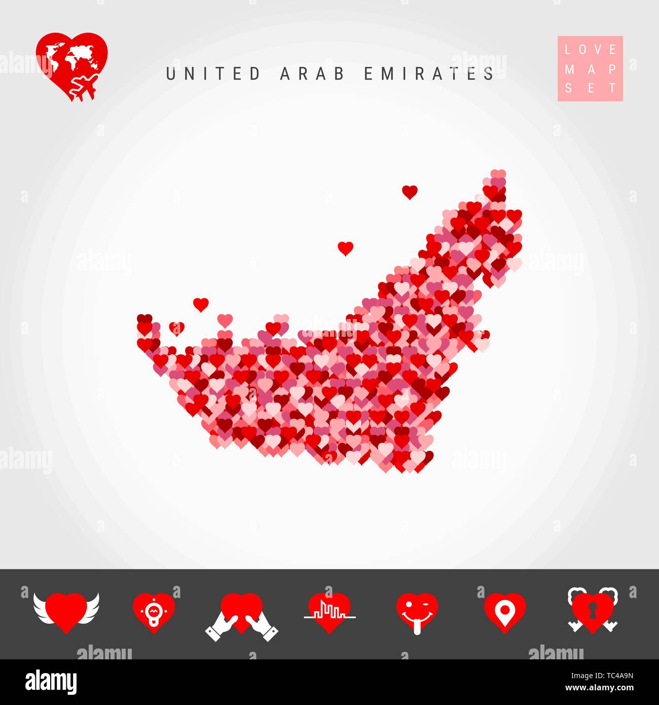 I Love Emirates. Red and Pink Hearts Pattern Vector Map of United Arab ...