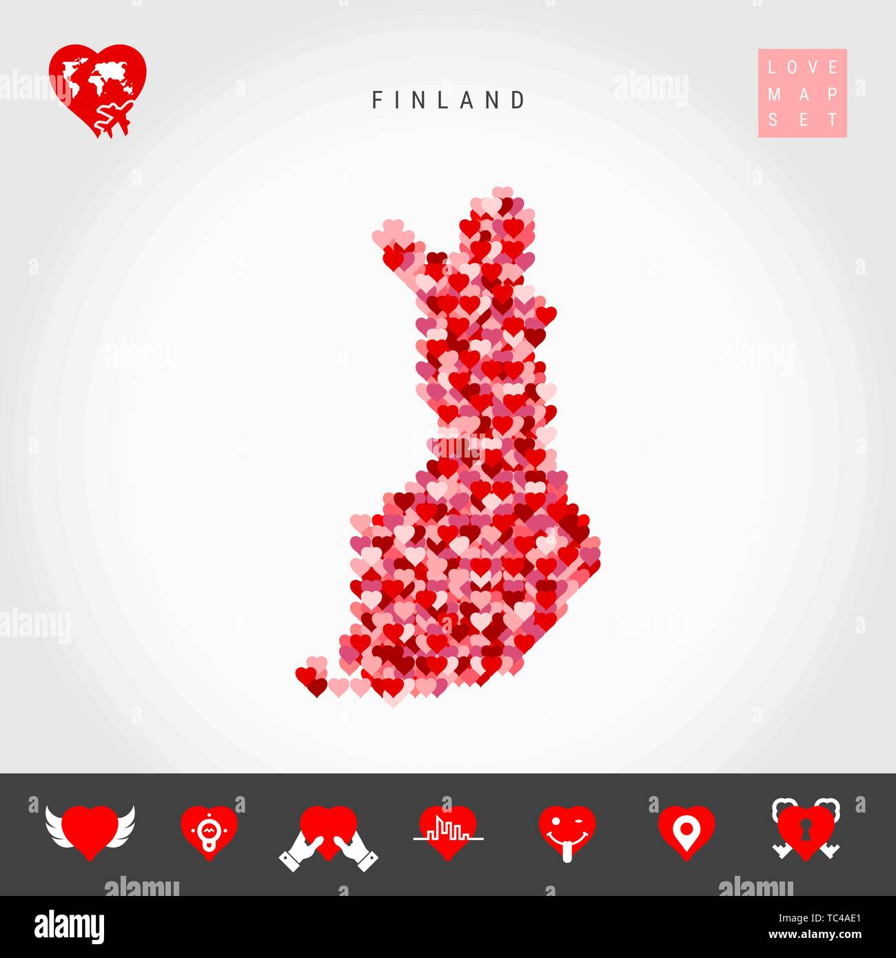 I Love Finland. Red and Pink Hearts Pattern Vector Map of Finland ...