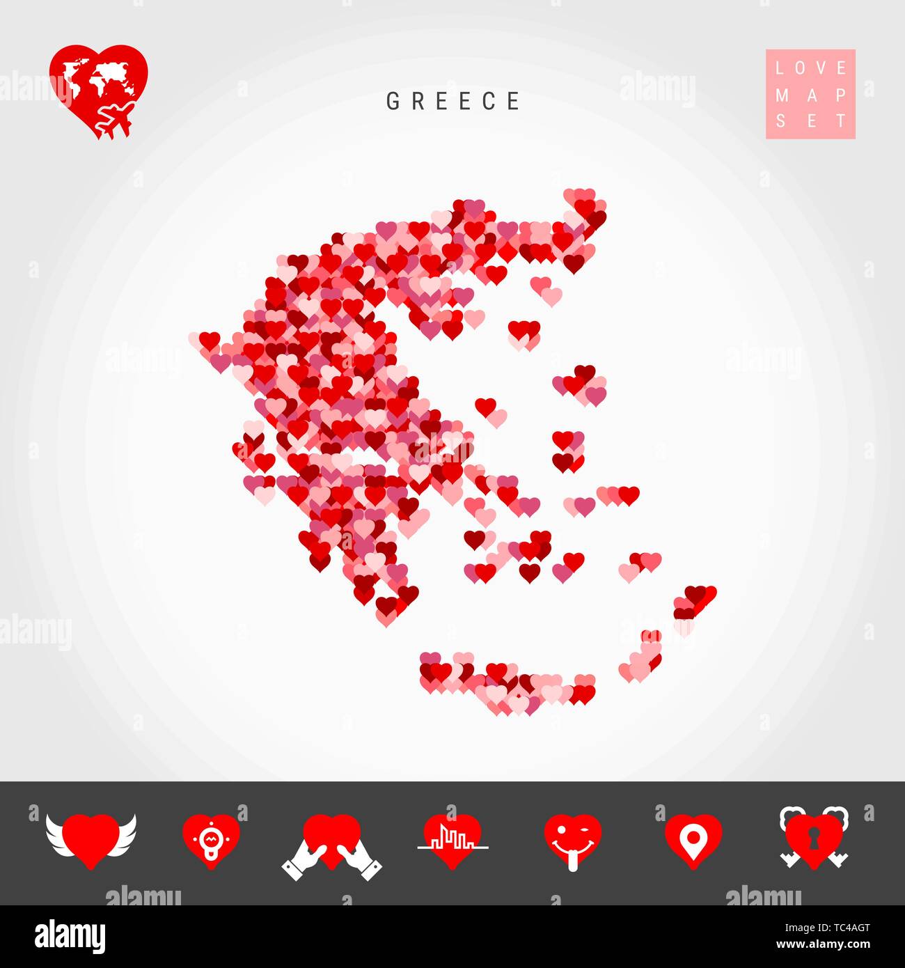 I Love Greece. Red and Pink Hearts Pattern Vector Map of Greece ...