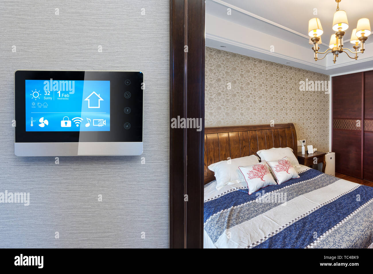 smart screen with smart home with modern bedroom Stock Photo - Alamy