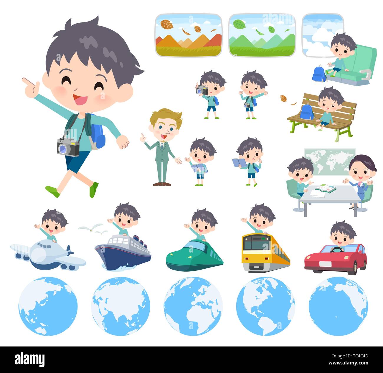 A set of boy on travel.There are also vehicles such as boats and ...