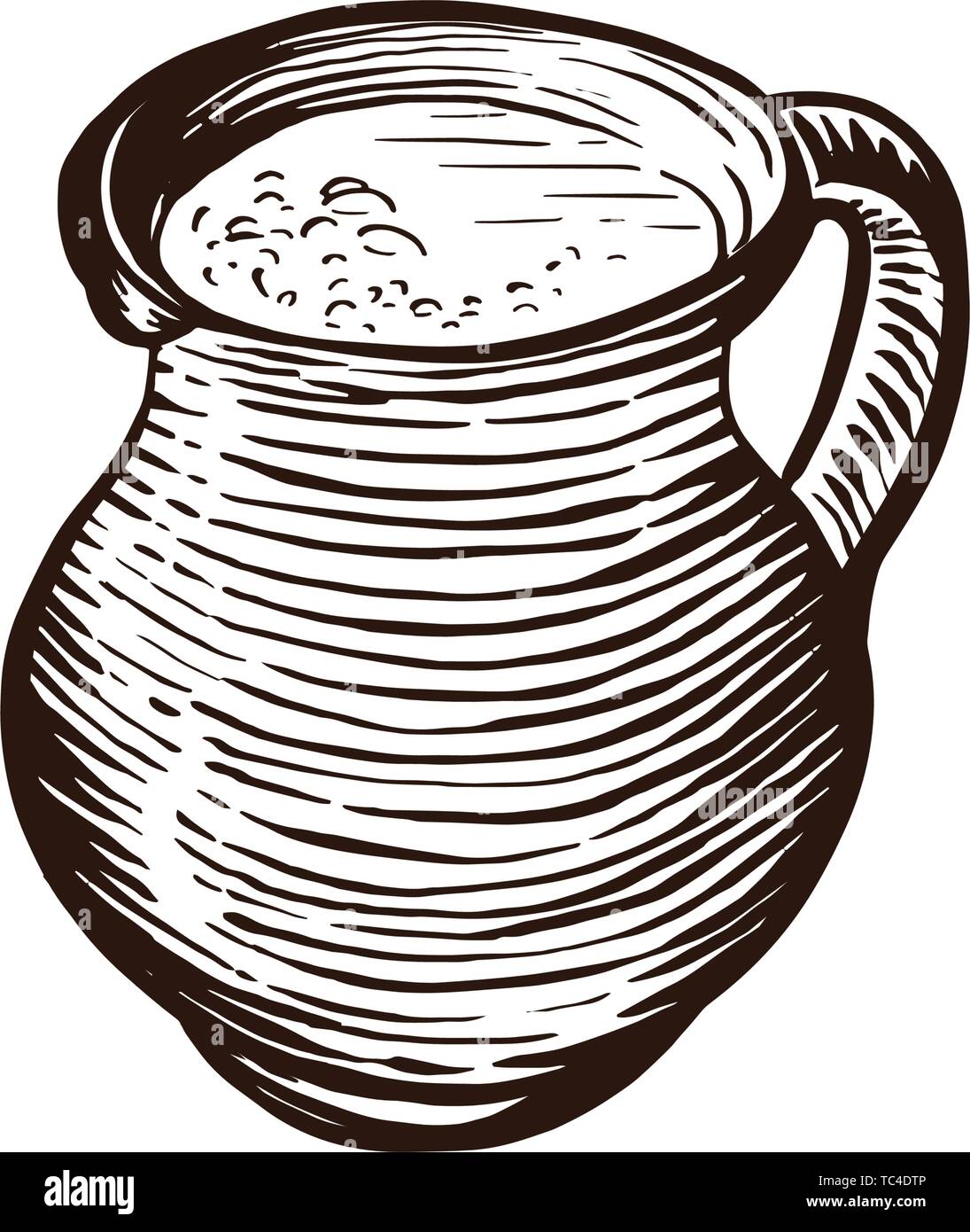 Clay mug of milk. Hand drawn design element. Vintage vector engraving ...