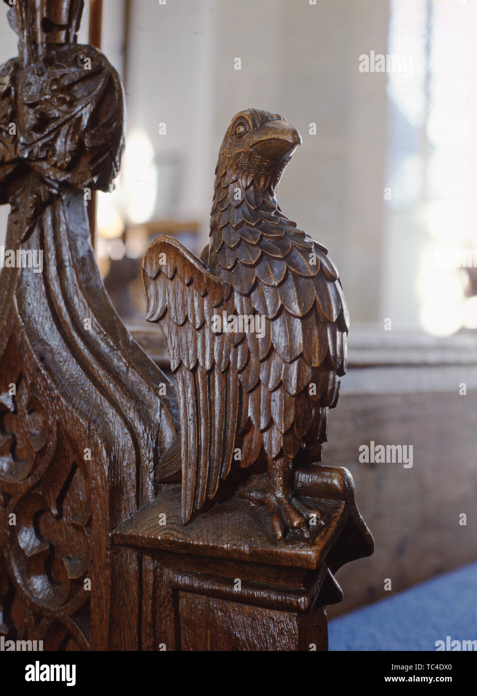 15th century carved wooden eagle bench end, St Mary's church, Combs ...