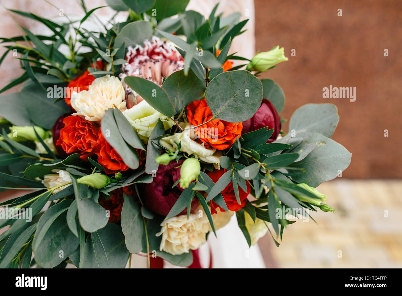 Wedding bouquet of eustoma , freesia, peony and willow branches Stock ...