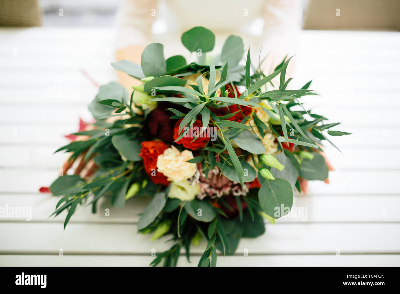 Wedding bouquet of eustoma , freesia, peony and willow branches Stock ...
