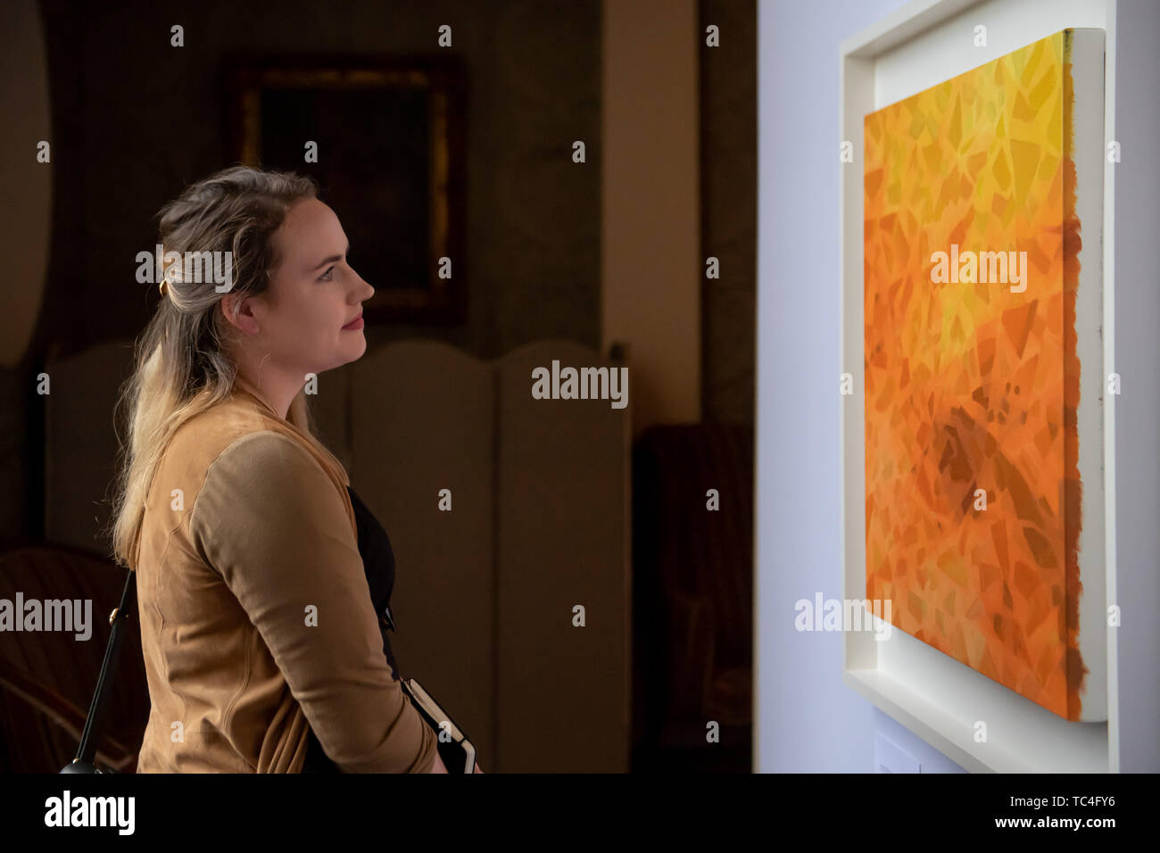 A visitor looks at an artwork during a press conference unveiling the ...