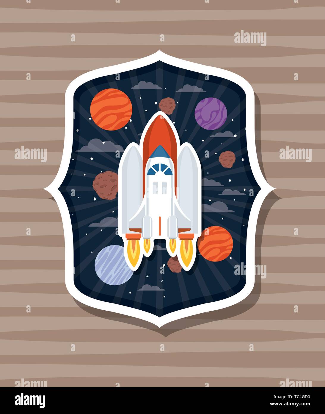 Rocket over label with planets design vector illustration Stock Vector ...
