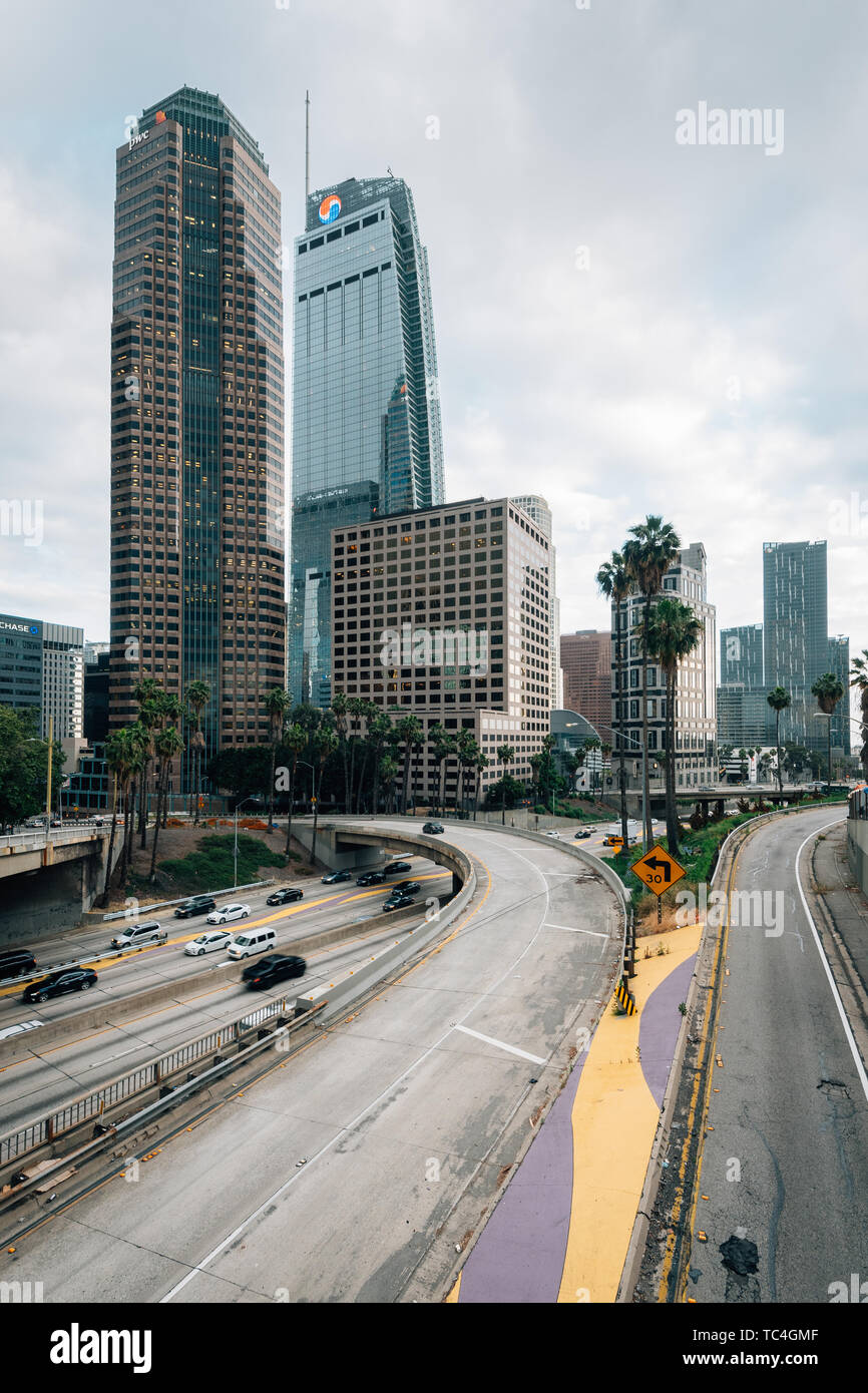 Cityscape skyline view of the 110 freeway in downtown Los Angeles ...