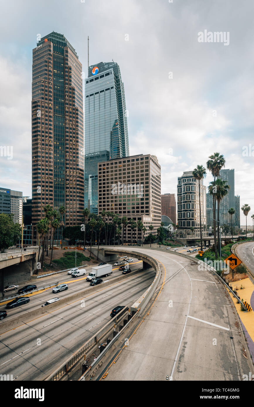 Cityscape skyline view of the 110 freeway in downtown Los Angeles ...