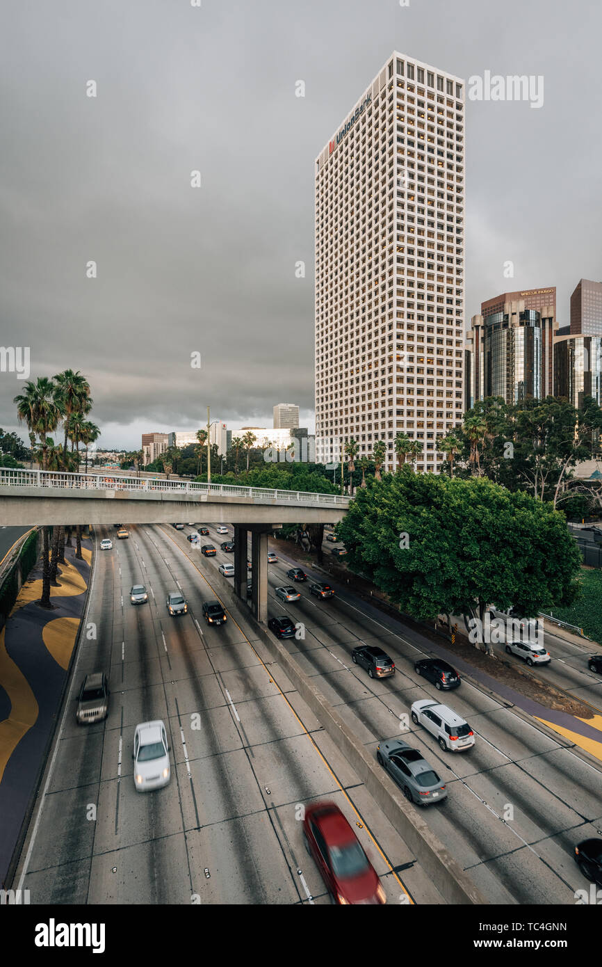 Cityscape skyline view of the 110 freeway in downtown Los Angeles ...