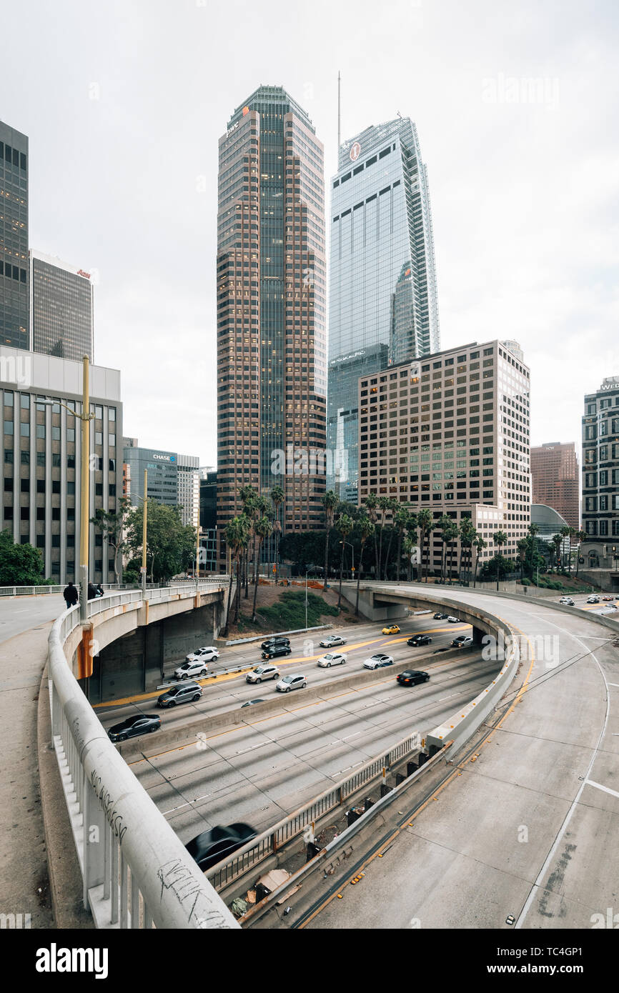 Cityscape skyline view of the 110 freeway in downtown Los Angeles ...