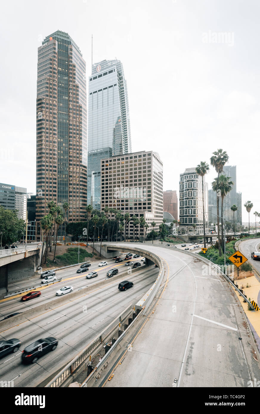 Cityscape skyline view of the 110 freeway in downtown Los Angeles ...