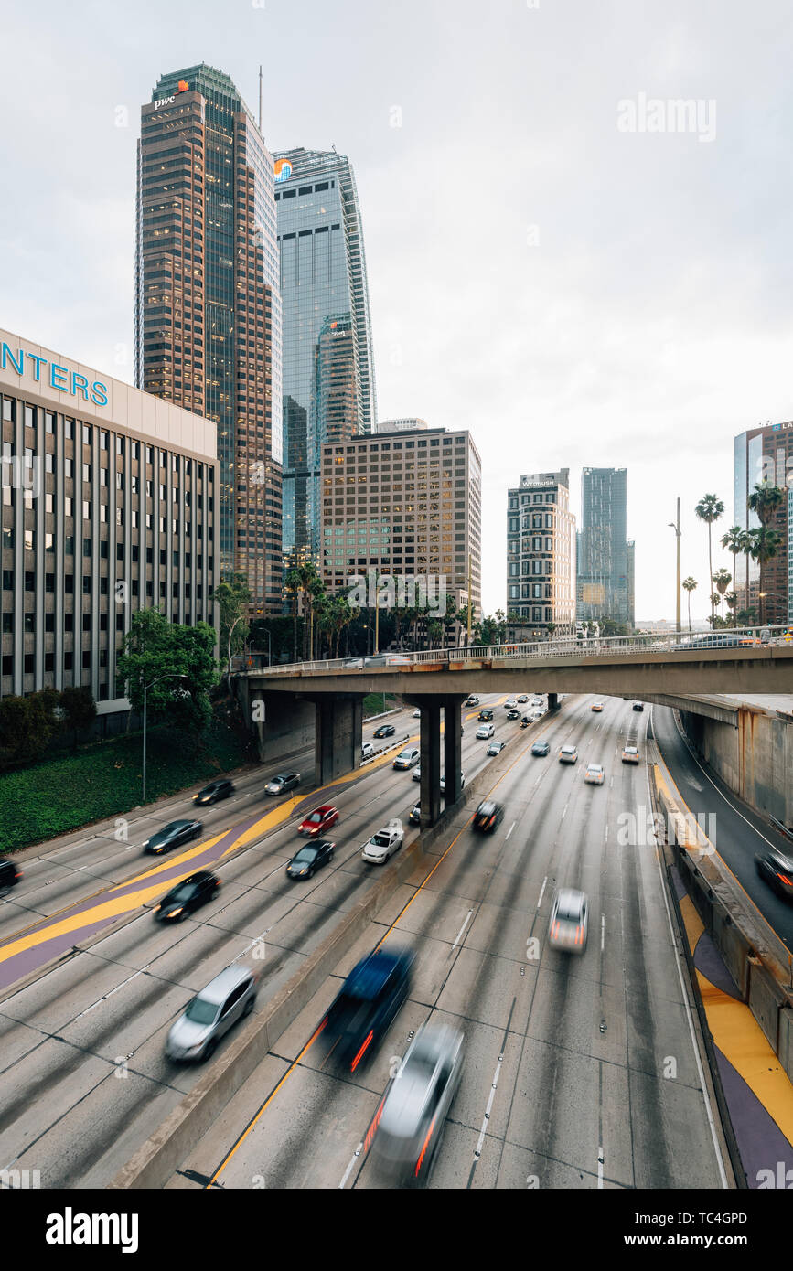 Cityscape skyline view of the 110 freeway in downtown Los Angeles ...